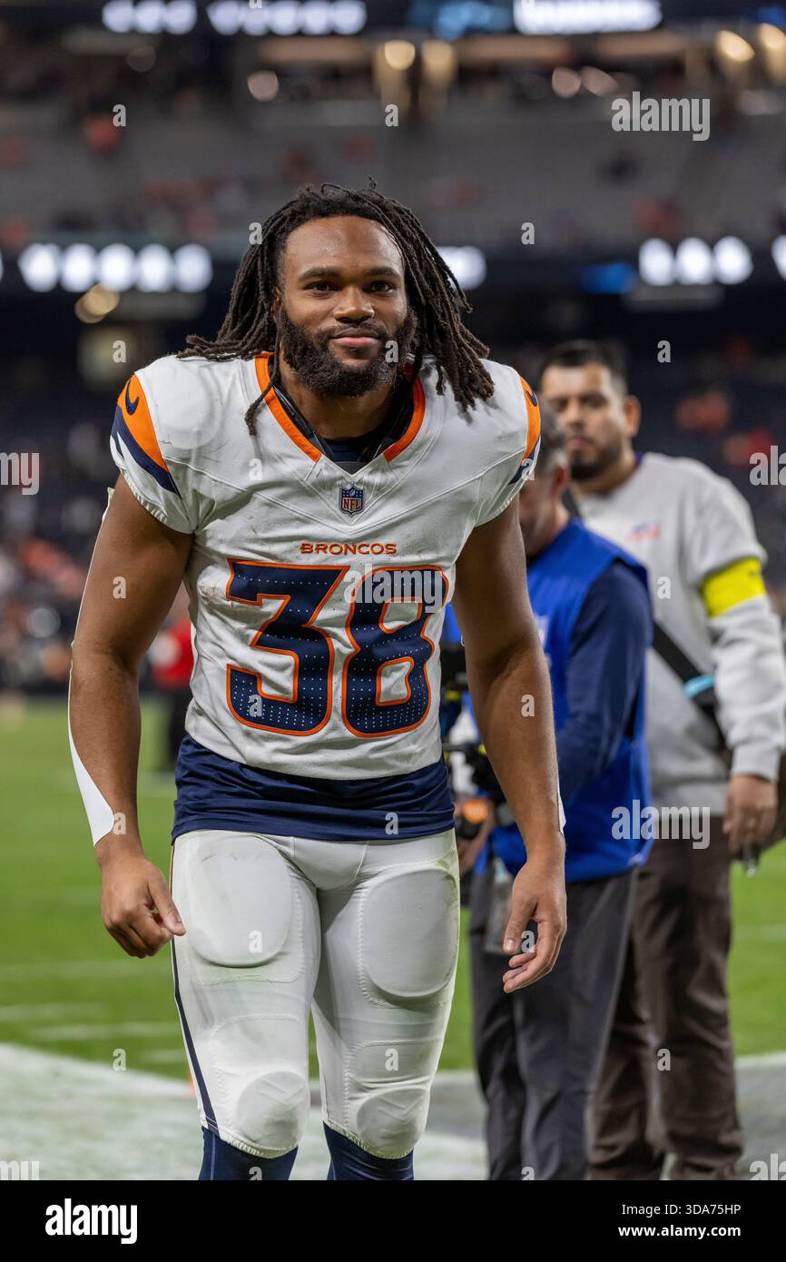 Denver Broncos running back Jaleel McLaughlin (38) walks off the field ...
