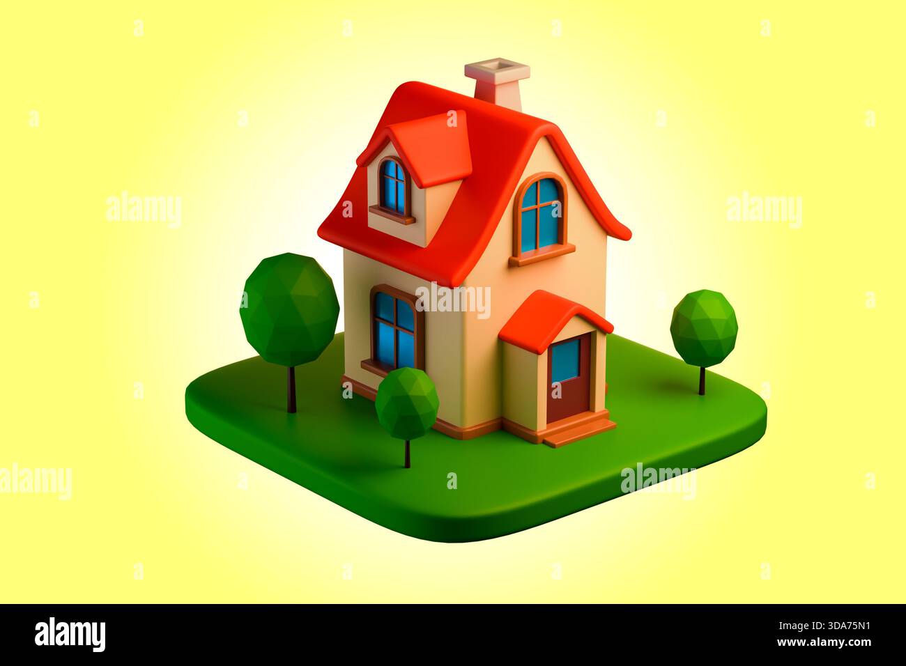 3D rendering of a small red cartoon house with a garden, real estate ...
