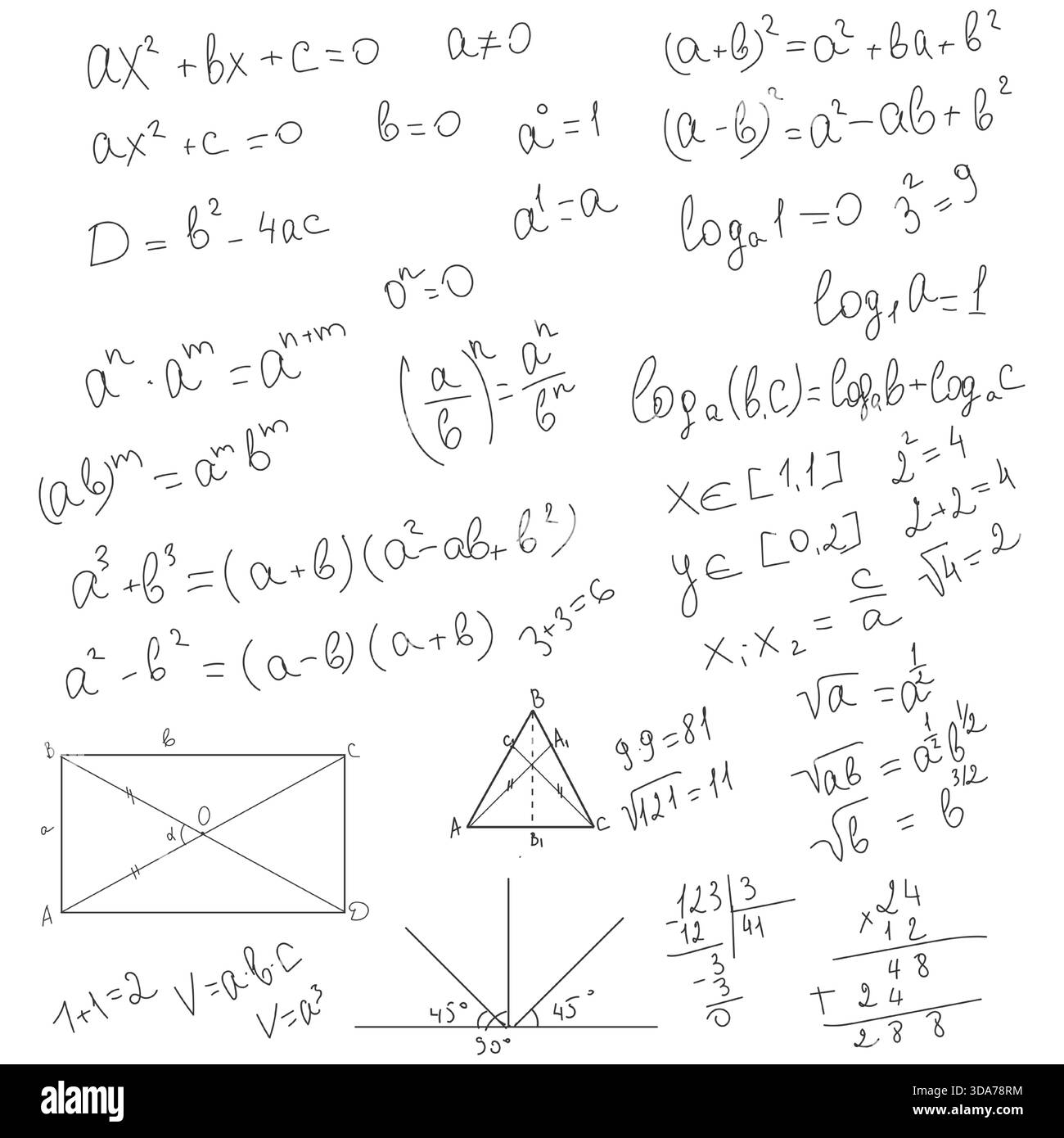 School math formulas, black and white sketch. Vector illustration ...