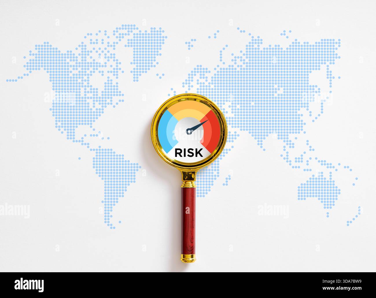 Magnifying glass highlighting a risk gauge on a dotted world map ...