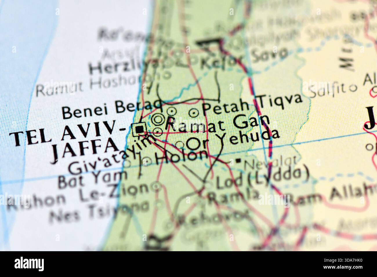 Close-up of a map detailing the region around Tel Aviv-Jaffa, Israel ...