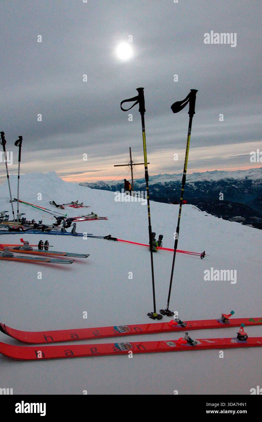 winter ski tour on a snowy mountain in the alps ski tour on snowy ...
