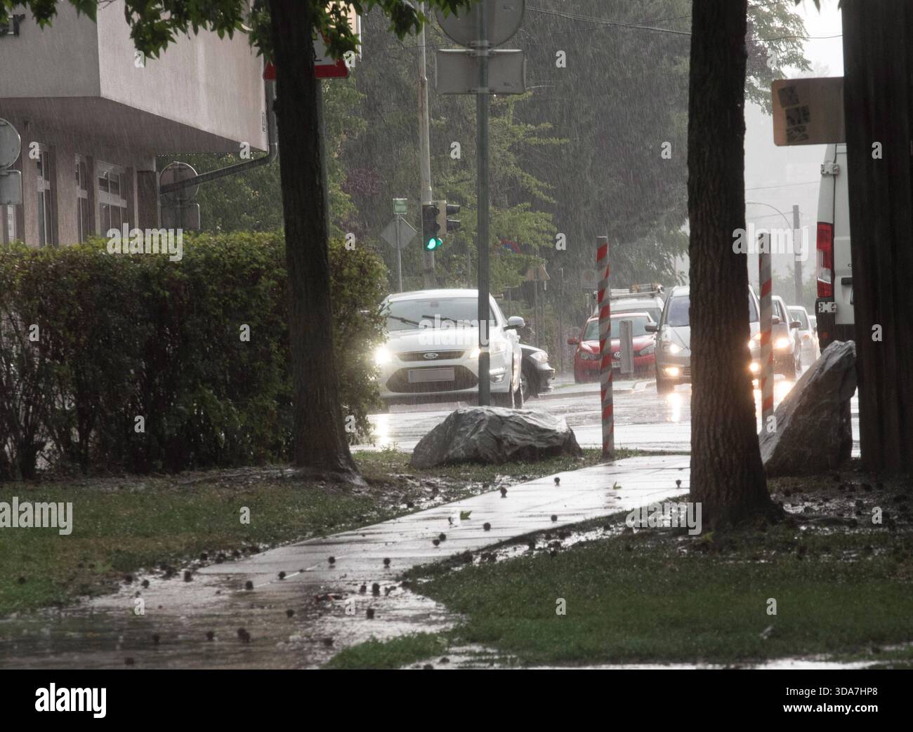 bad weather conditions and poor visibility in road traffic on a rainy ...