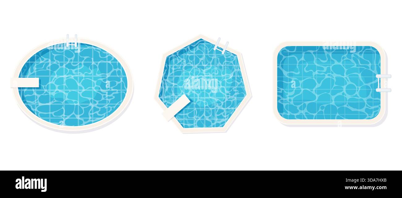 Swimming pool bottom top view with blue water waves texture set. Summer ...