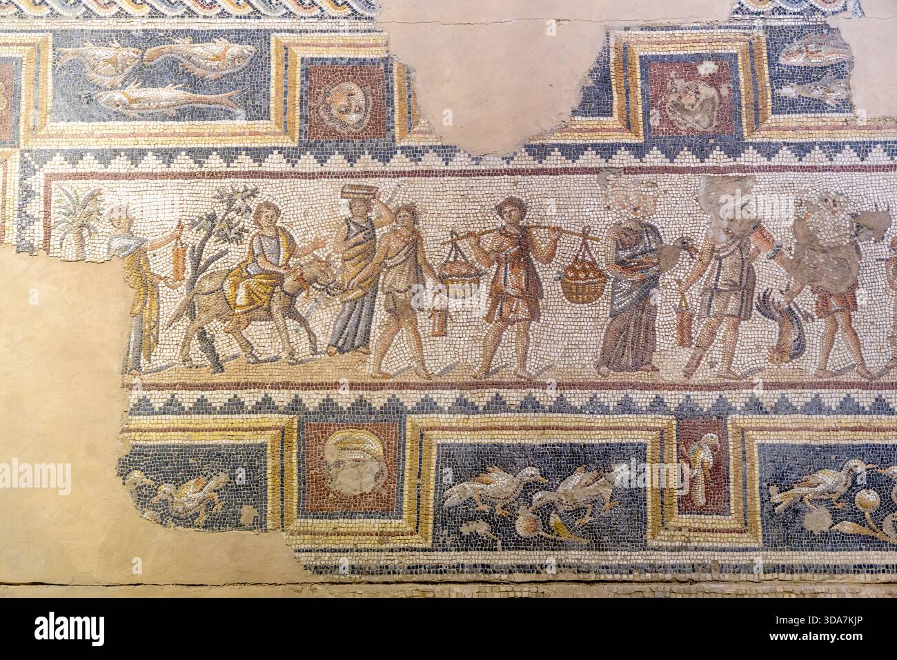 Floor mosaic detail with human figures and fish from the ancient city ...