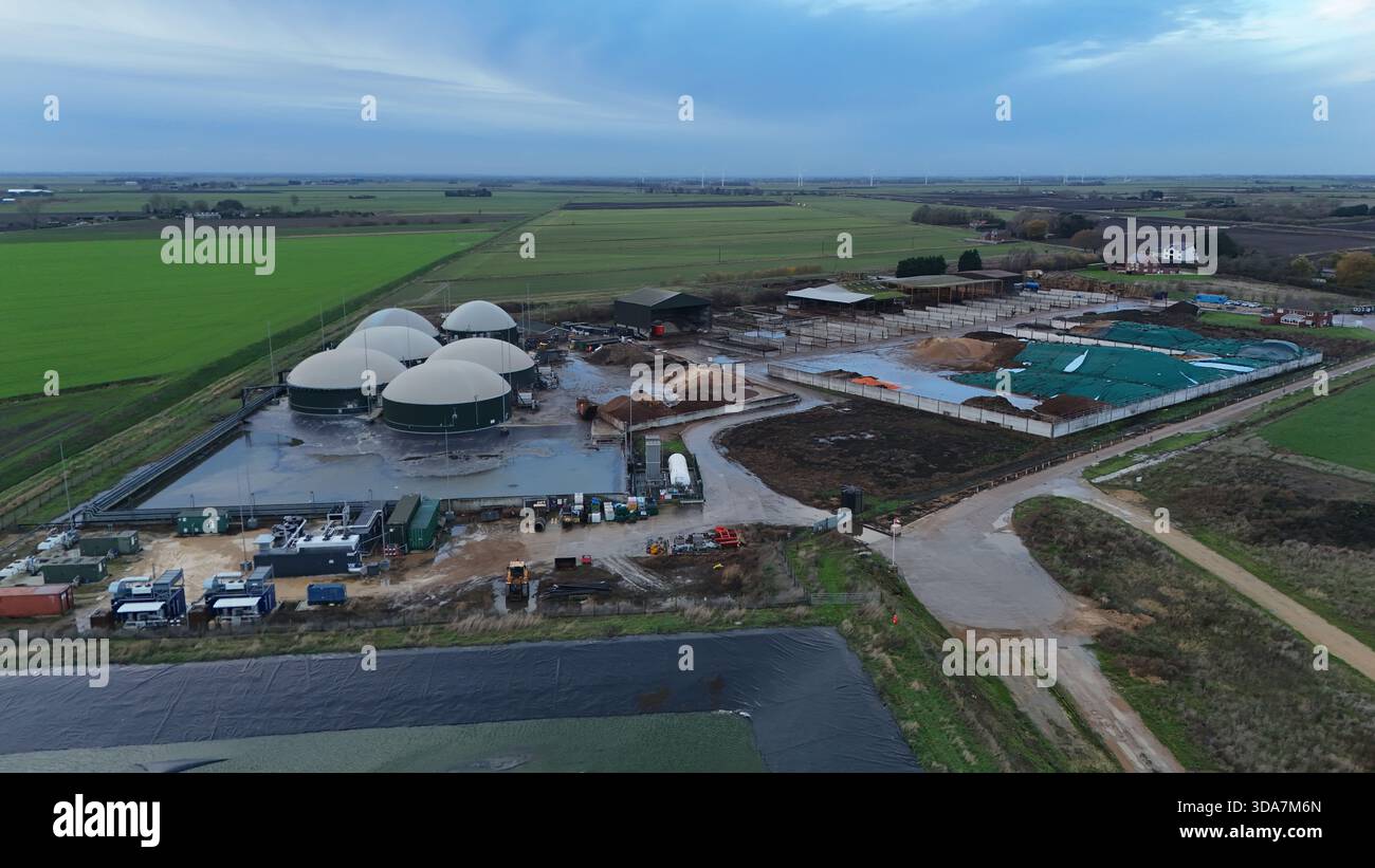 Aerial view of the biogas plant with its cluster of dome-shaped ...