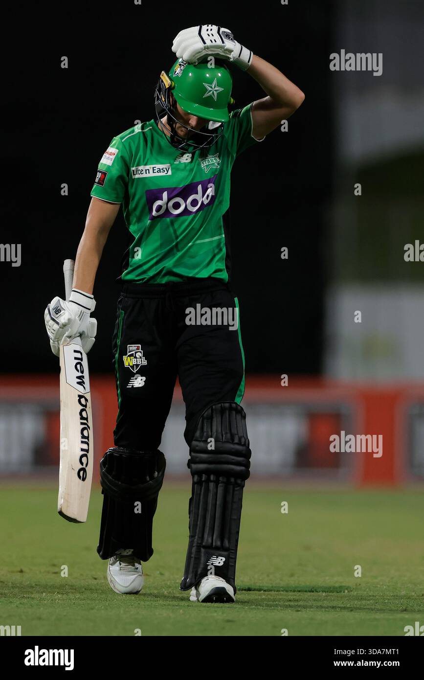 Meg Lanning of the Stars leaves the field after being dismissed Chloe Ainsworth of the Scorchers ...