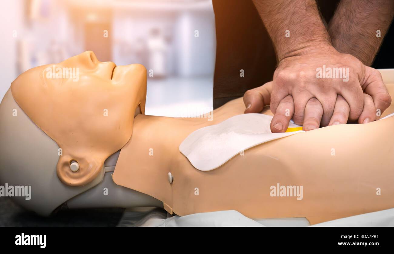 Defibrillator AED CPR emergency first aid training demonstration ...