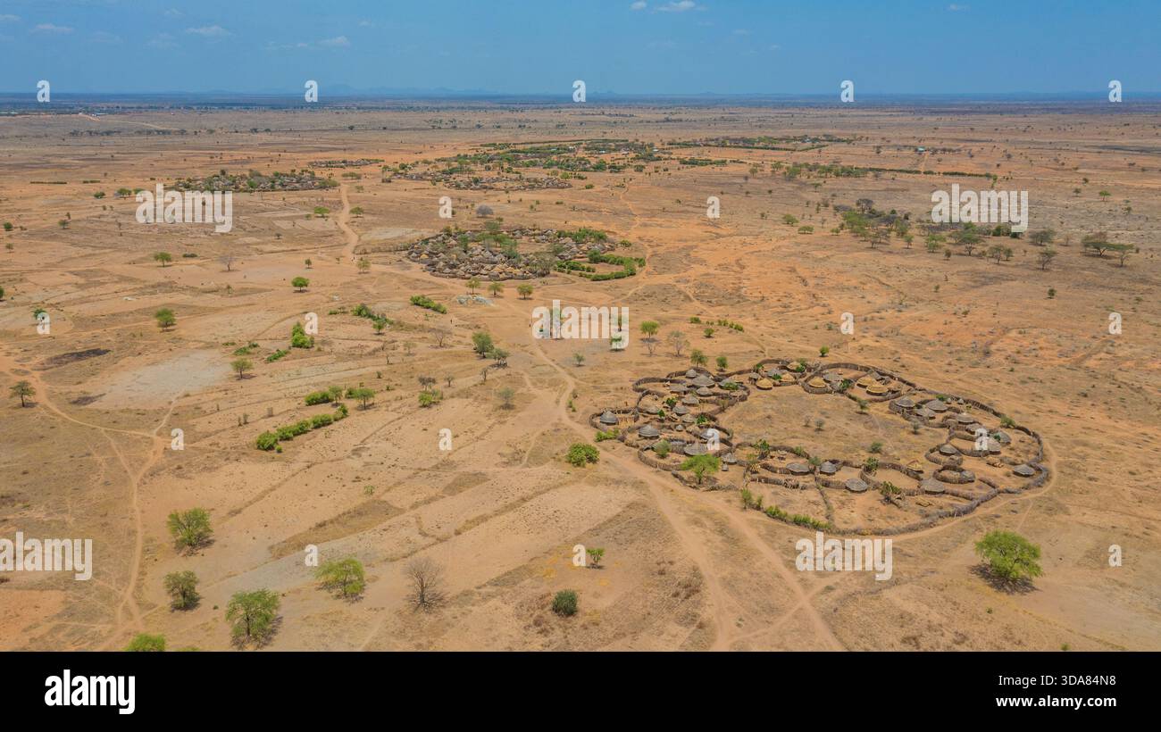 Aerial view of the Manyatta Villages, circular clusters of thatched ...