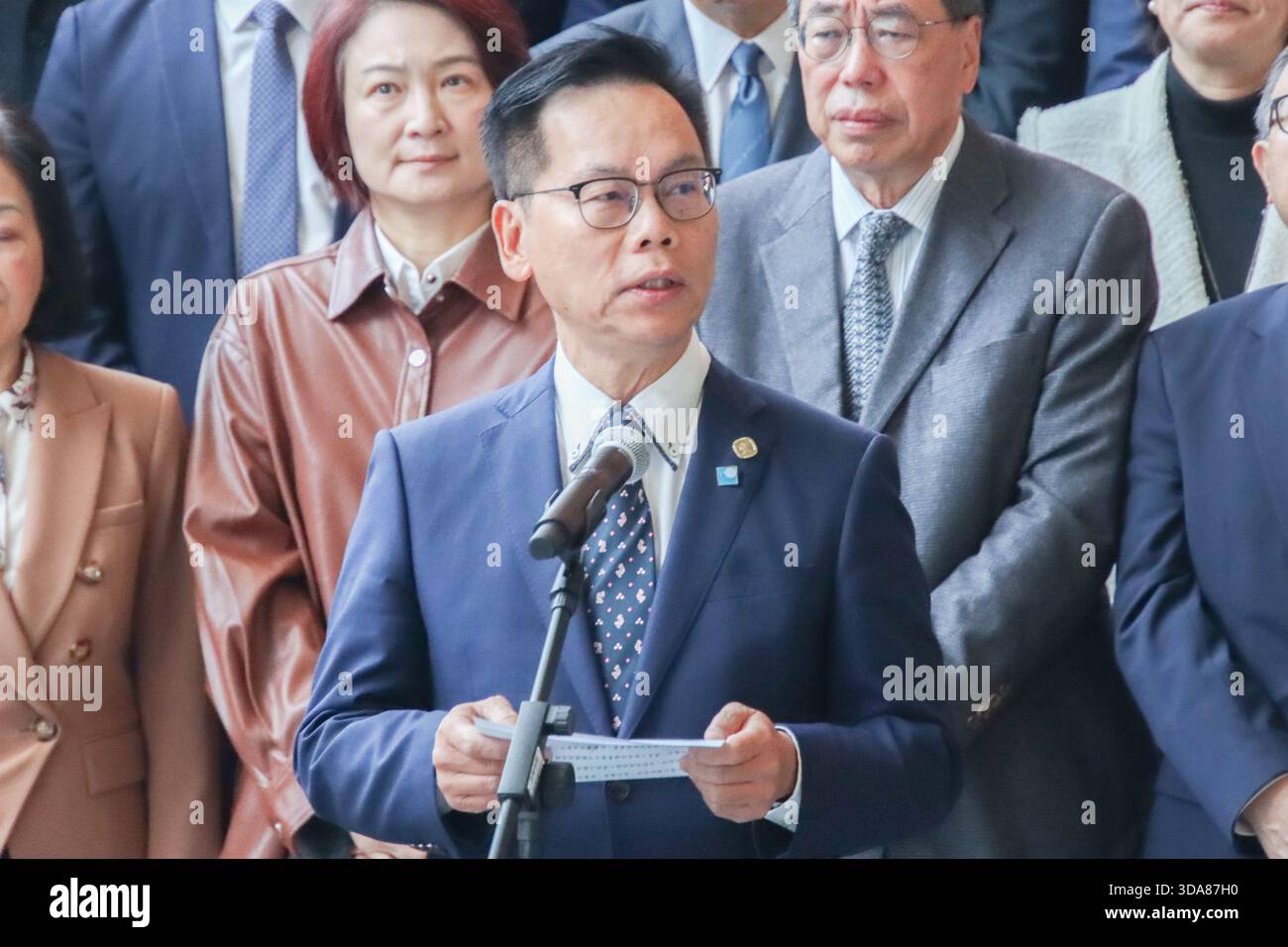 Aaron Bok Kwok-ming, Member-elect of the 8th Legislative Council, speaking to the press on ...