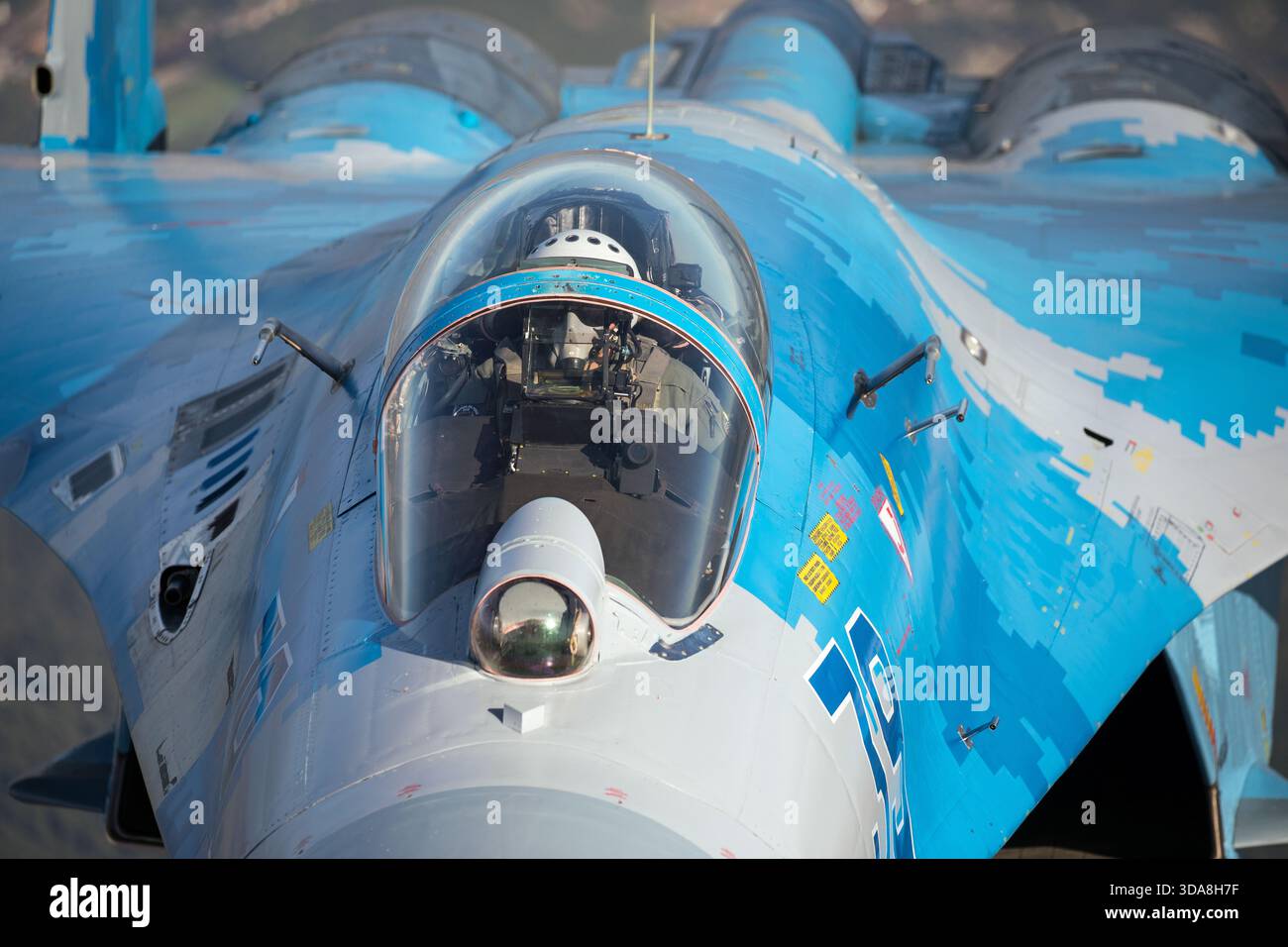 Close-up air-to-air view of the pilot inside the cockpit of a Ukrainian ...