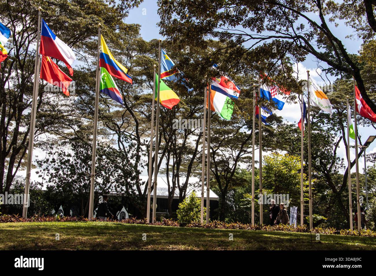 Delegates walk beneath UN member state flags during the United Nations ...