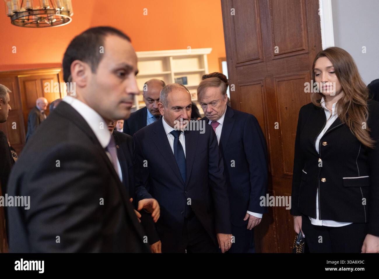 Prime Minister Nikol Pashinyan enters the hall ahead of his keynote ...