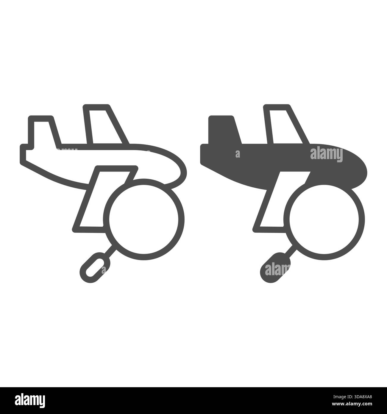 Aircraft with magnifier line and solid icon, air travel booking concept ...
