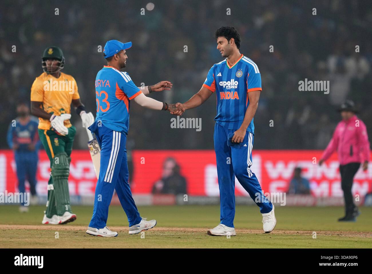 India's Shivam Dube, right, congratulates India's captain Suryakumar ...