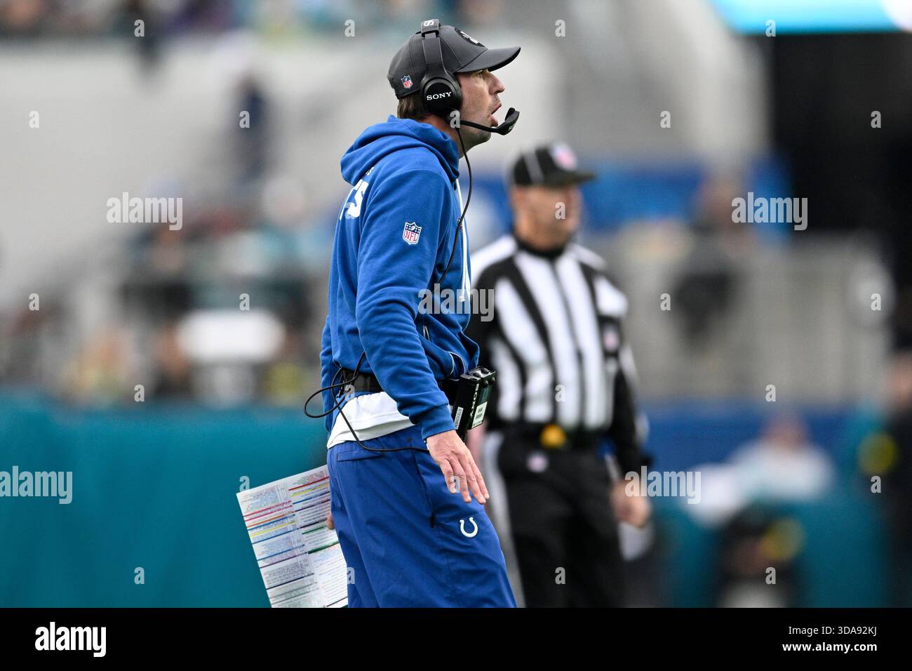 Indianapolis Colts head coach Shane Steichen calls out to an official ...