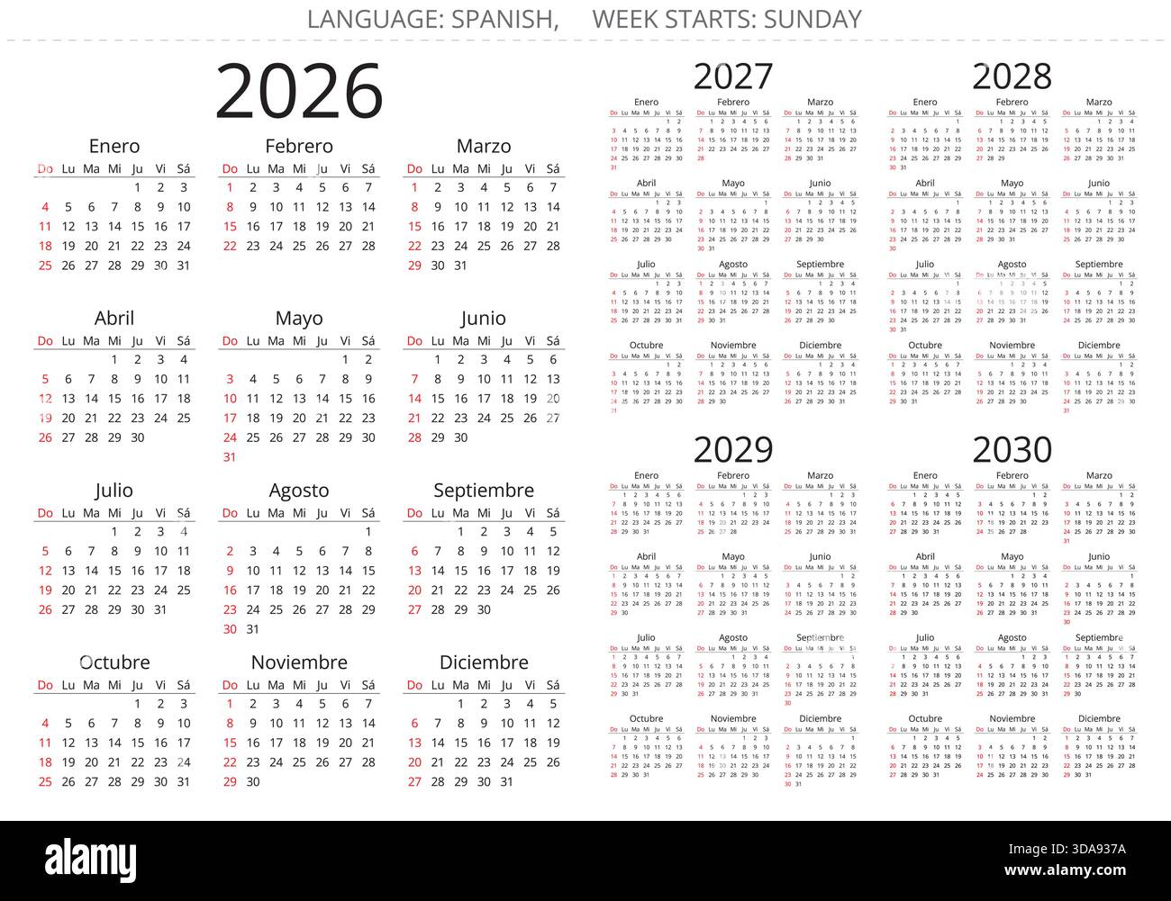 2026, 2027, 2028, 2029, 2030 spanish year calendars. Week starts Sunday ...