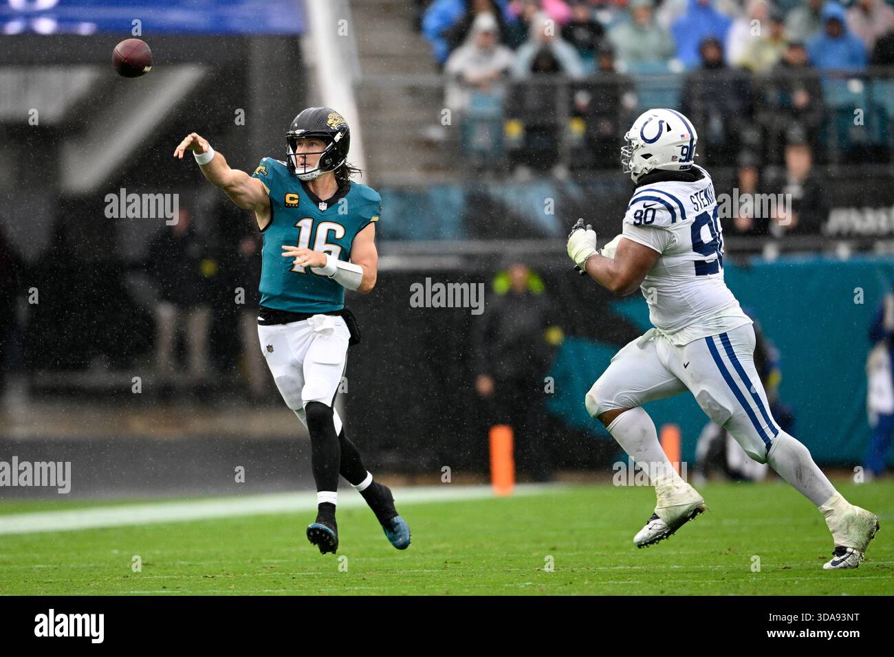 Jacksonville Jaguars quarterback Trevor Lawrence (16) throws a pass as ...