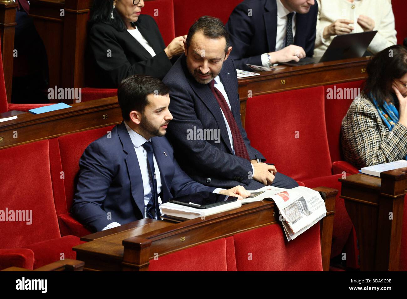 Jean-Philippe Tanguy and Sebastien Chenu (RN) before the vote of the ...