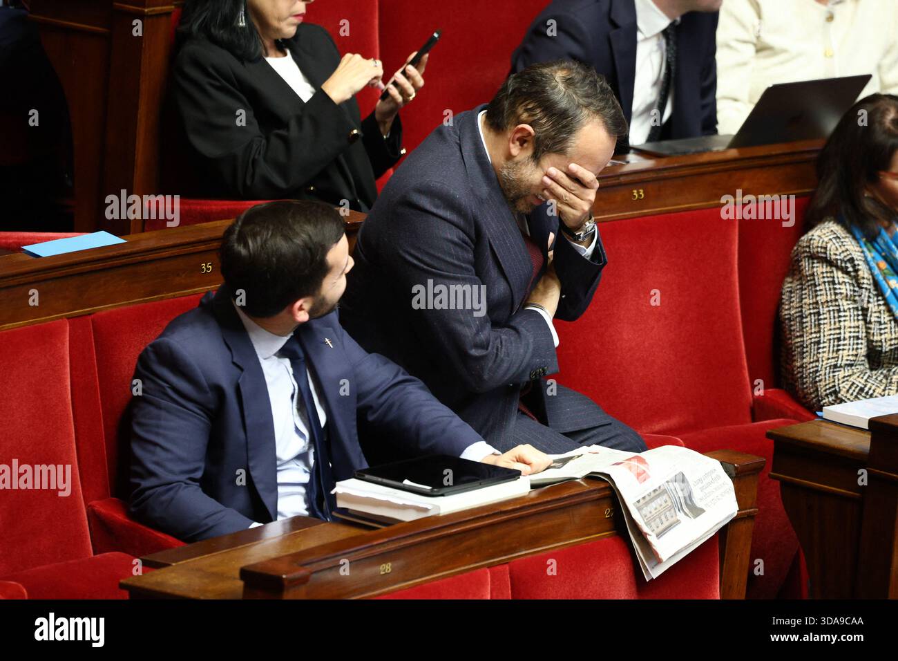 Jean-Philippe Tanguy and Sebastien Chenu (RN) before the vote of the ...