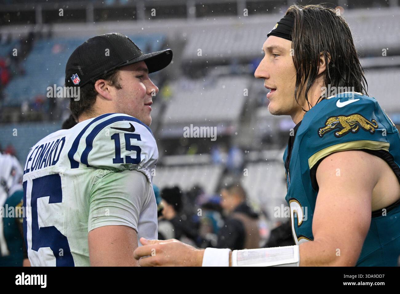 Indianapolis Colts quarterback Riley Leonard (15) and Jacksonville ...