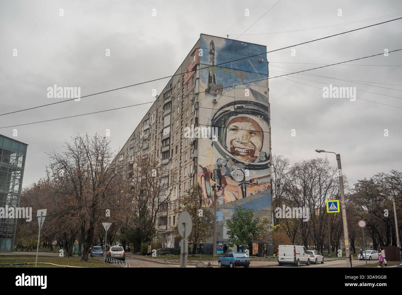 A mural of Soviet cosmonaut Yuri Gagarin is seen on a Soviet-era ...