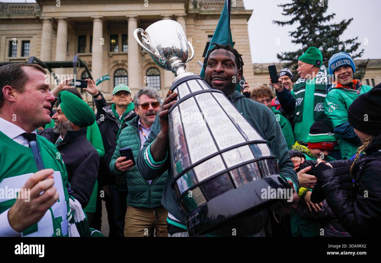 Saskatchewan Roughriders offensive lineman Jermarcus Hardrick carries ...