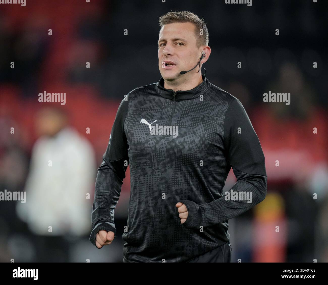 Referee Josh Smith warming up during the Sky Bet Championship match ...