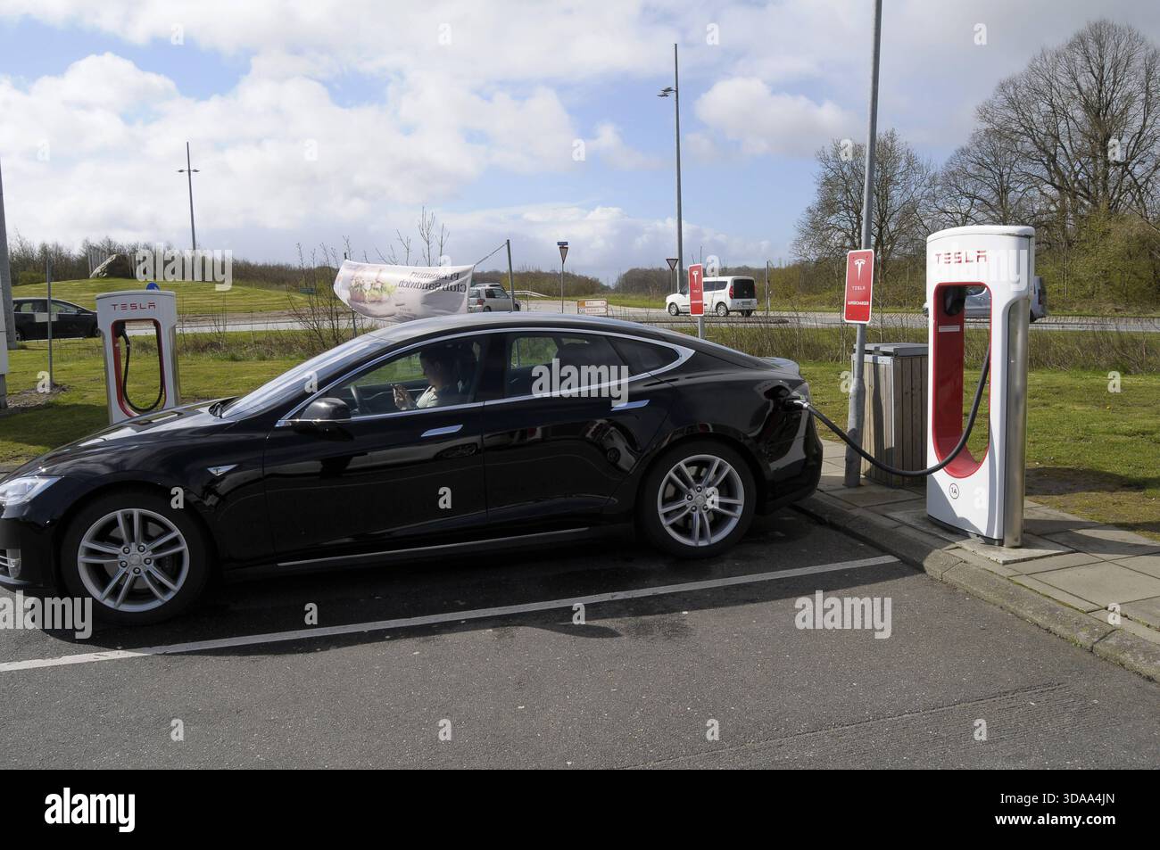 Rodekro /Jylland Denmark 22..April 2017 Tesla electric been rechared at ...