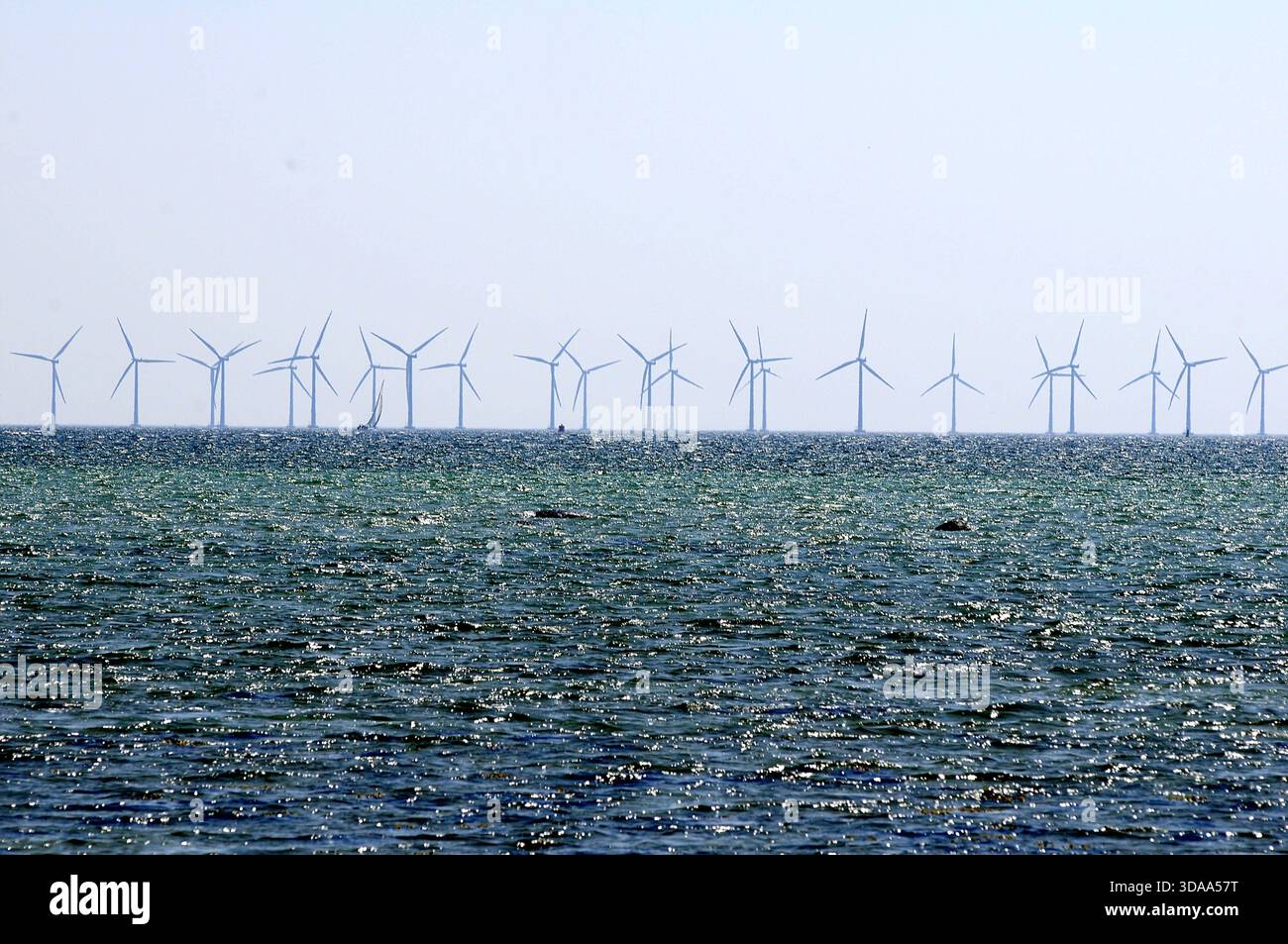 Copenhagen / Denmark - 12 May 2017. . Wind turbines park in oresund sea ...
