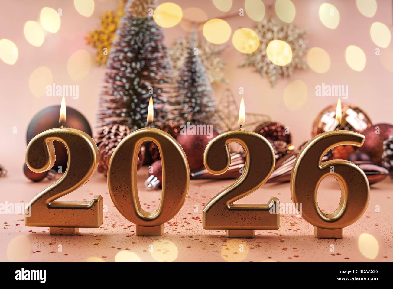 Standing Gold 2026 Candles with Christmas Background Stock Photo - Alamy