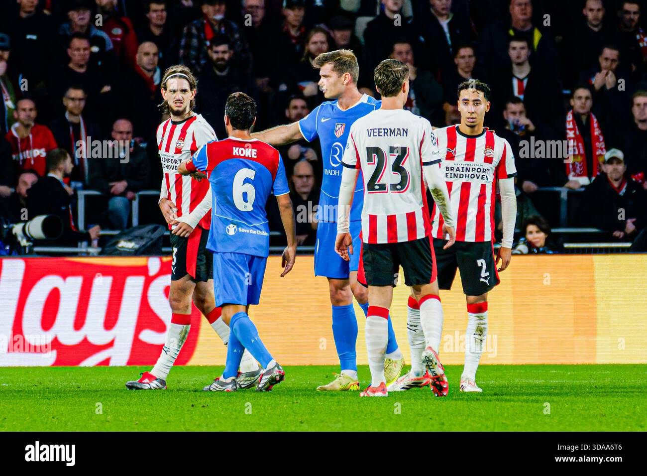 Yarek Gasiorowski of PSV Eindhoven is in discussion with Koke of ...