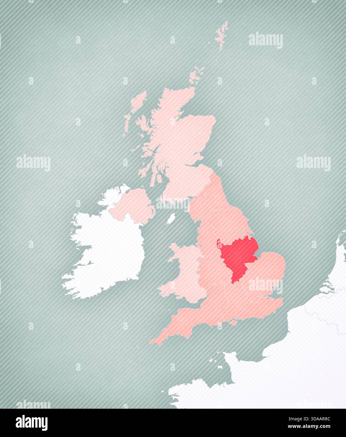 East Midlands on the map of England with softly striped vintage ...
