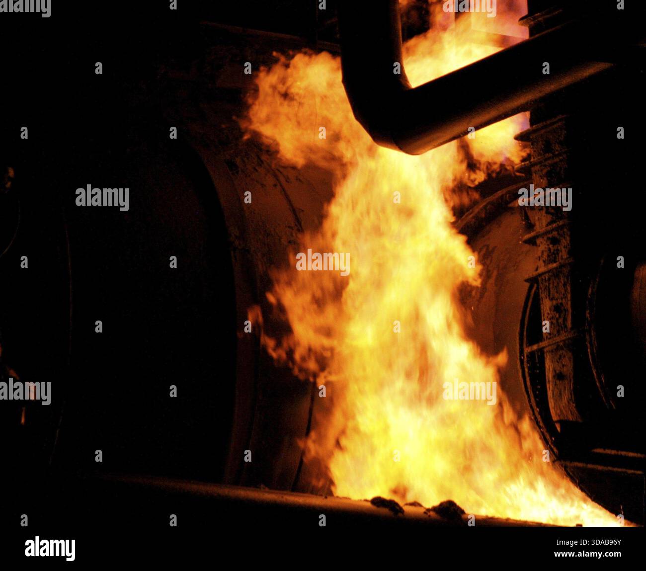 Pipeline, fire and smokestack, props supporting metal structural, plant ...