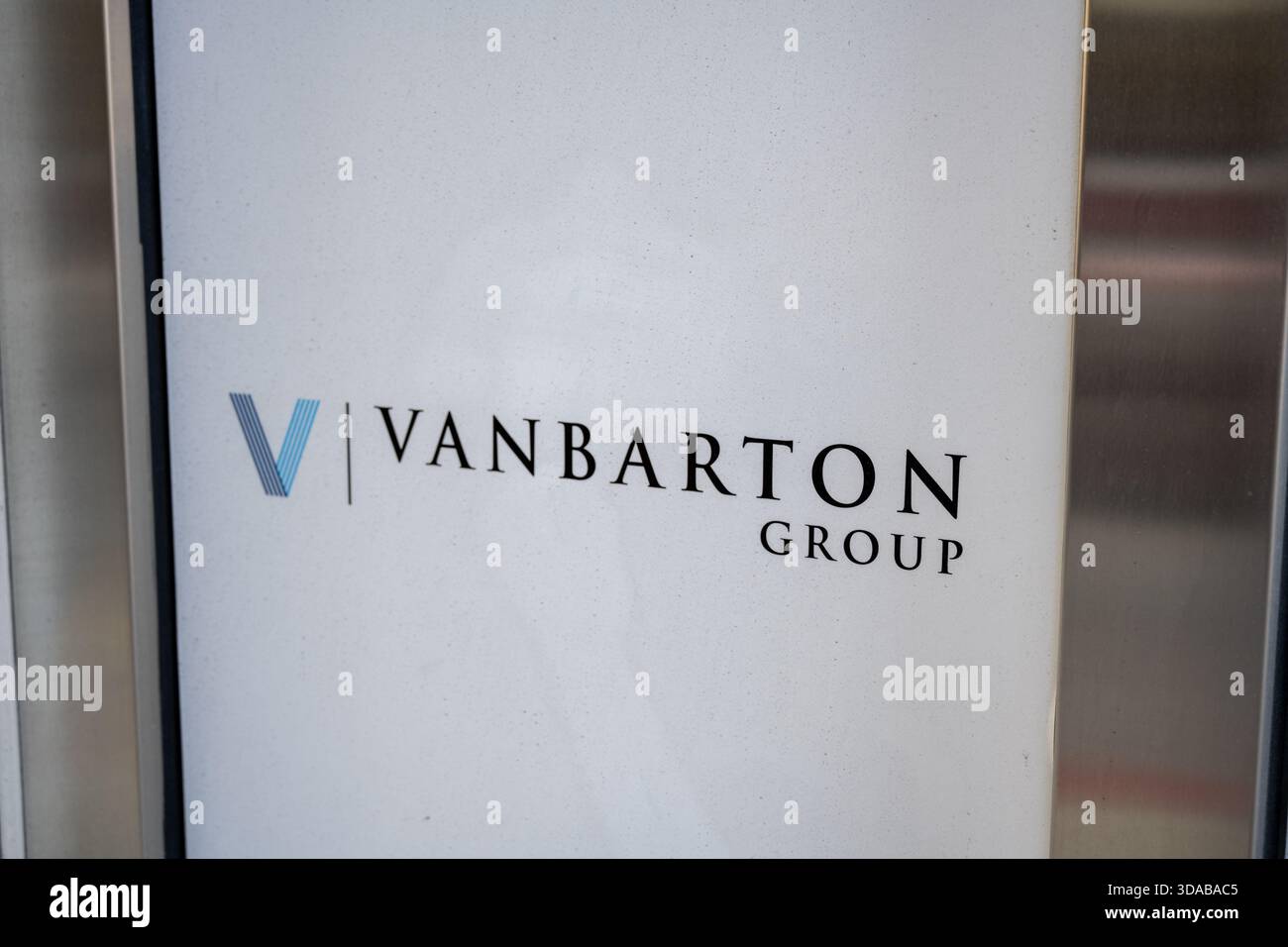 Close-up of Vanbarton Group logo on white sign, San Francisco ...