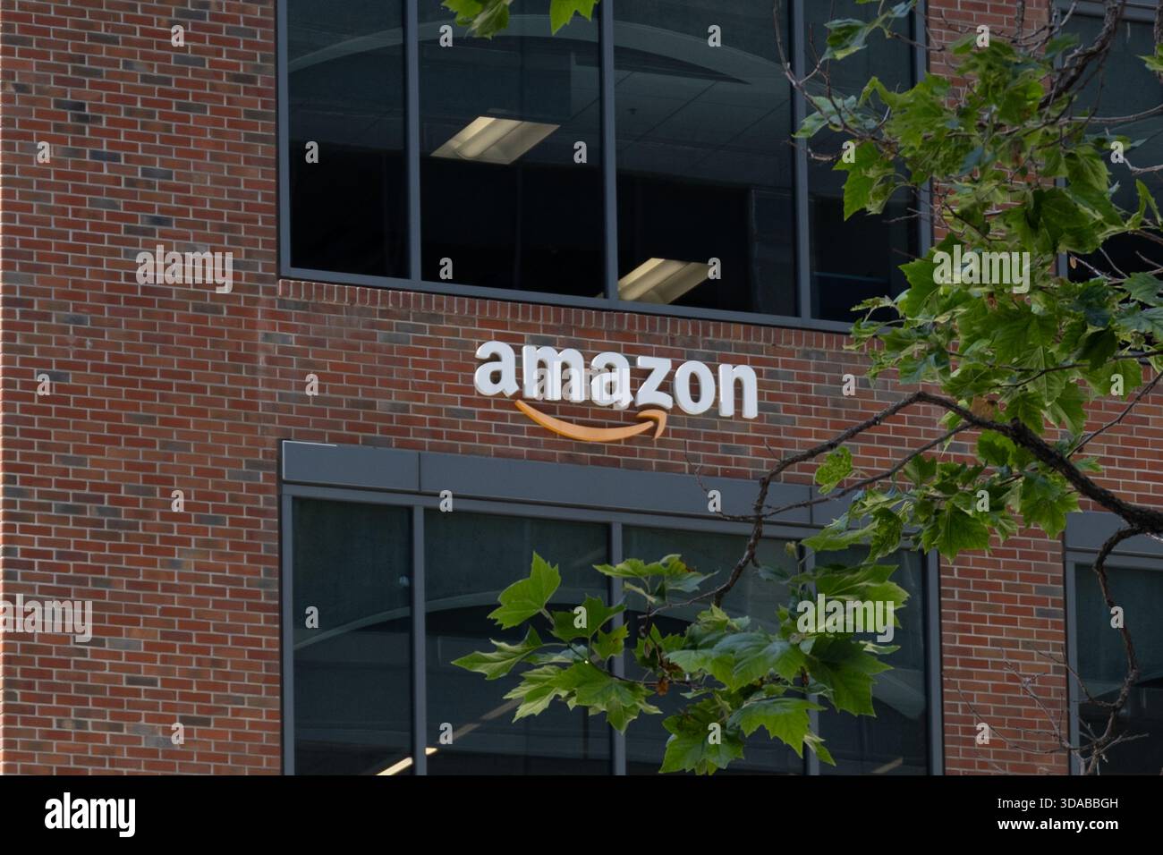 Brick facade of Amazon office building with logo, San Francisco ...