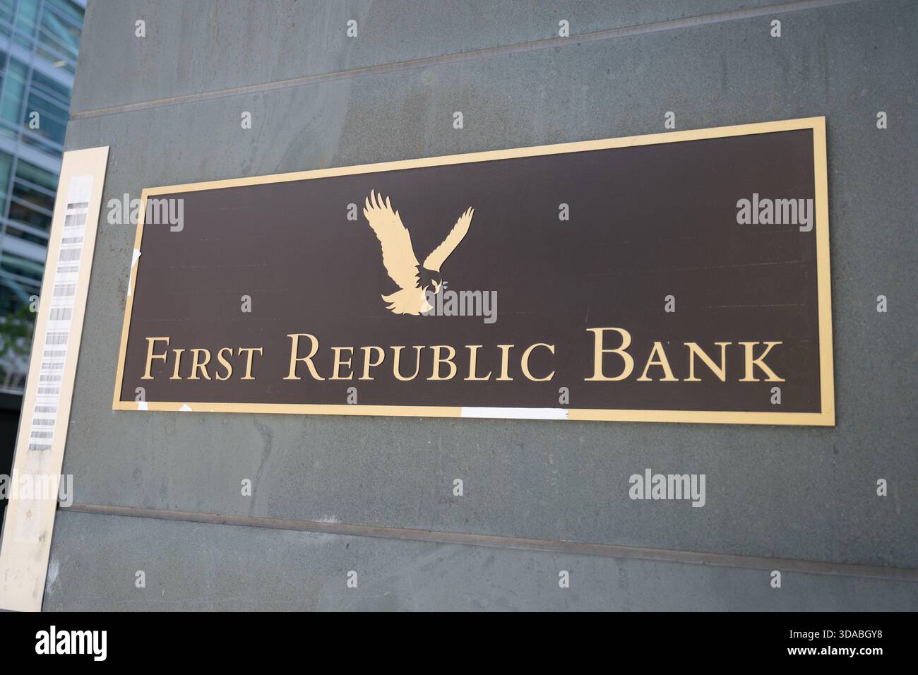 Close-up of First Republic Bank logo plaque on building facade, San ...