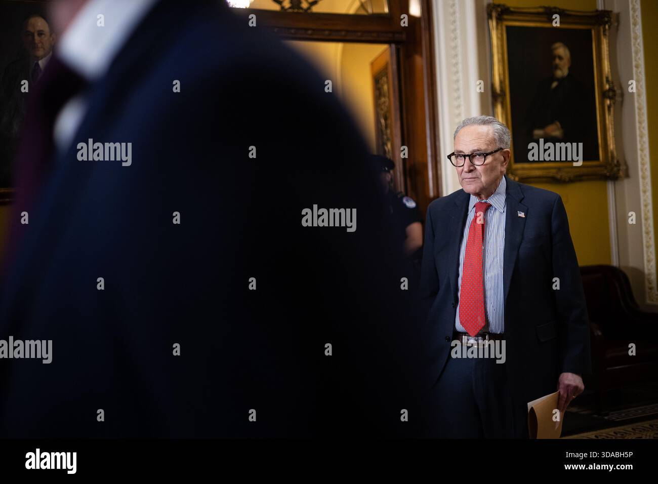 Senate Minority Leader Chuck Schumer (D-N.Y.) looks on during a press ...