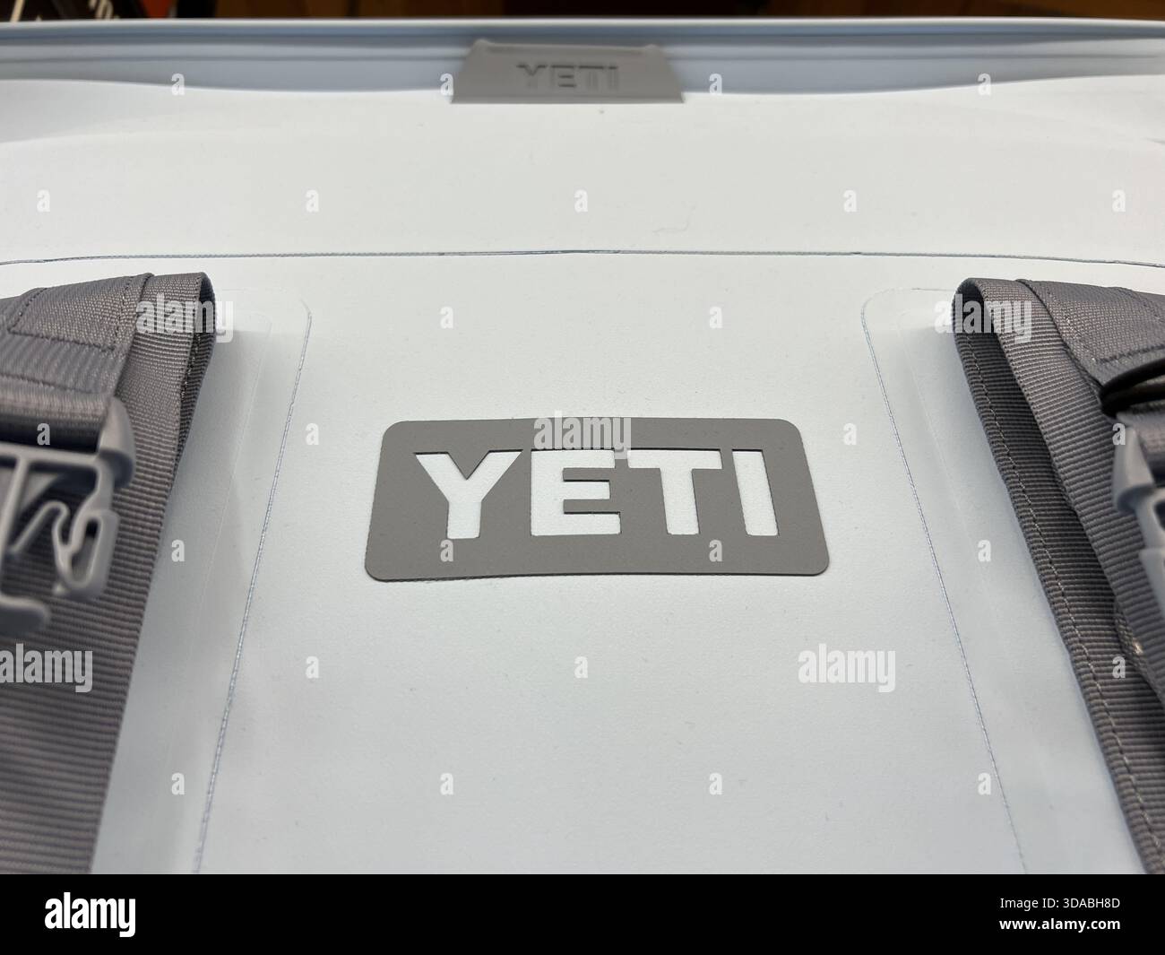 Close-up of a YETI cooler with visible logo and straps, displayed in ...