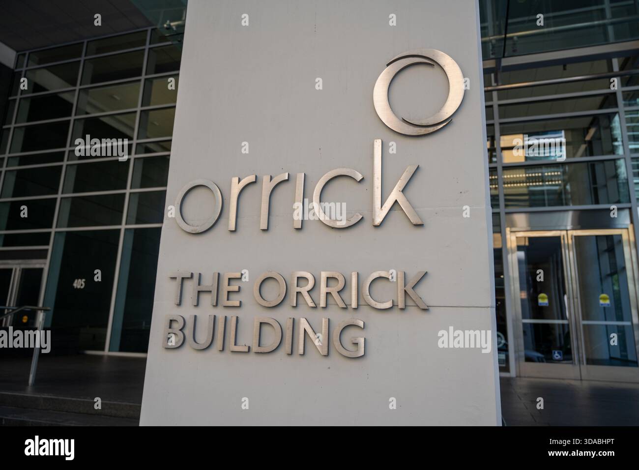 Close-up of Orrick logo on pillar outside The Orrick Building with ...