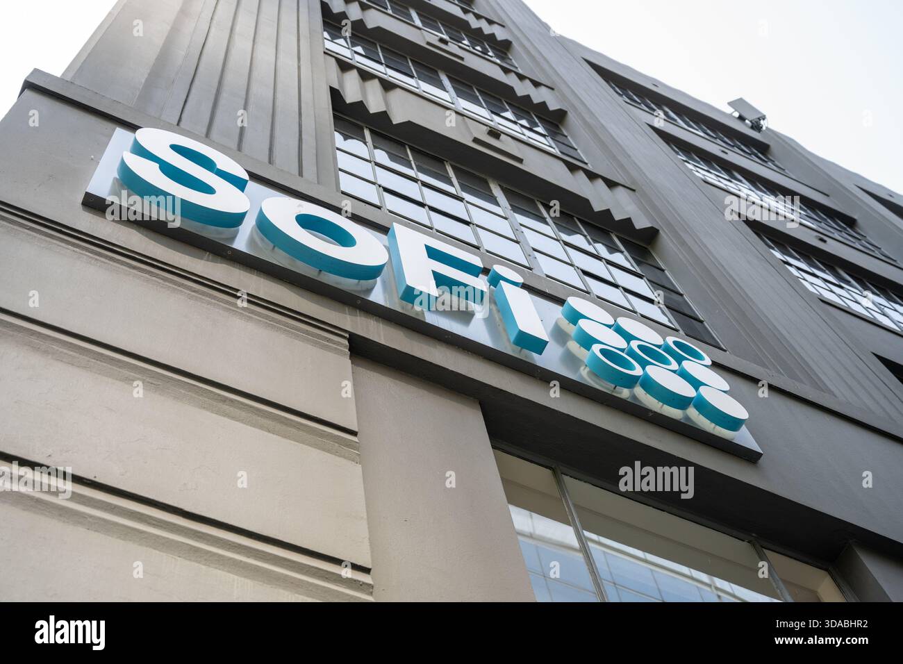 SoFi logo sign on the facade of an art deco style office building, San ...