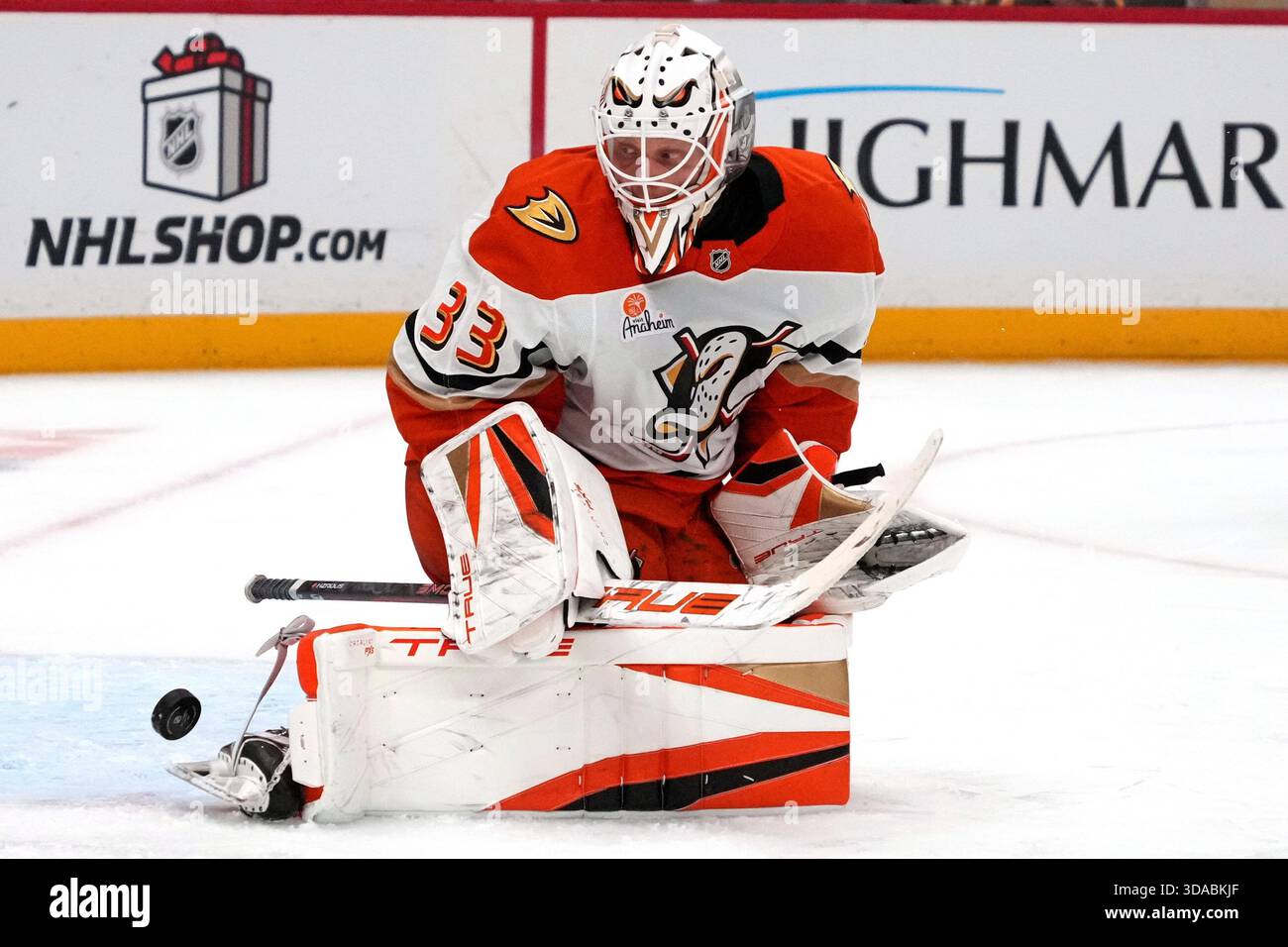 Anaheim Ducks goaltender Ville Husso blocks a shot during the second ...