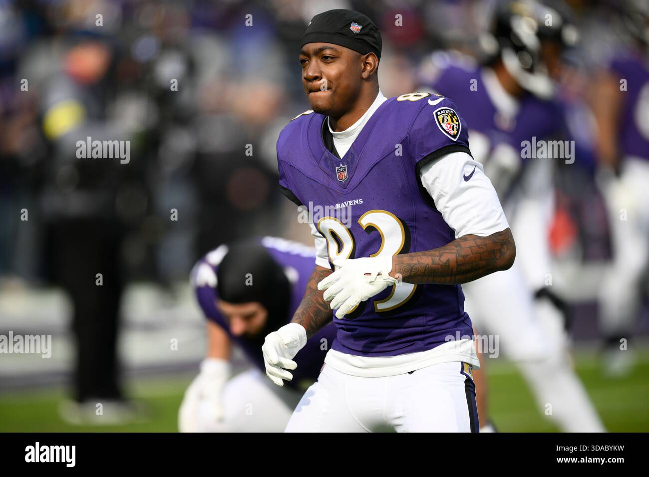 Baltimore Ravens wide receiver Lajohntay Wester (83) warms up before an ...