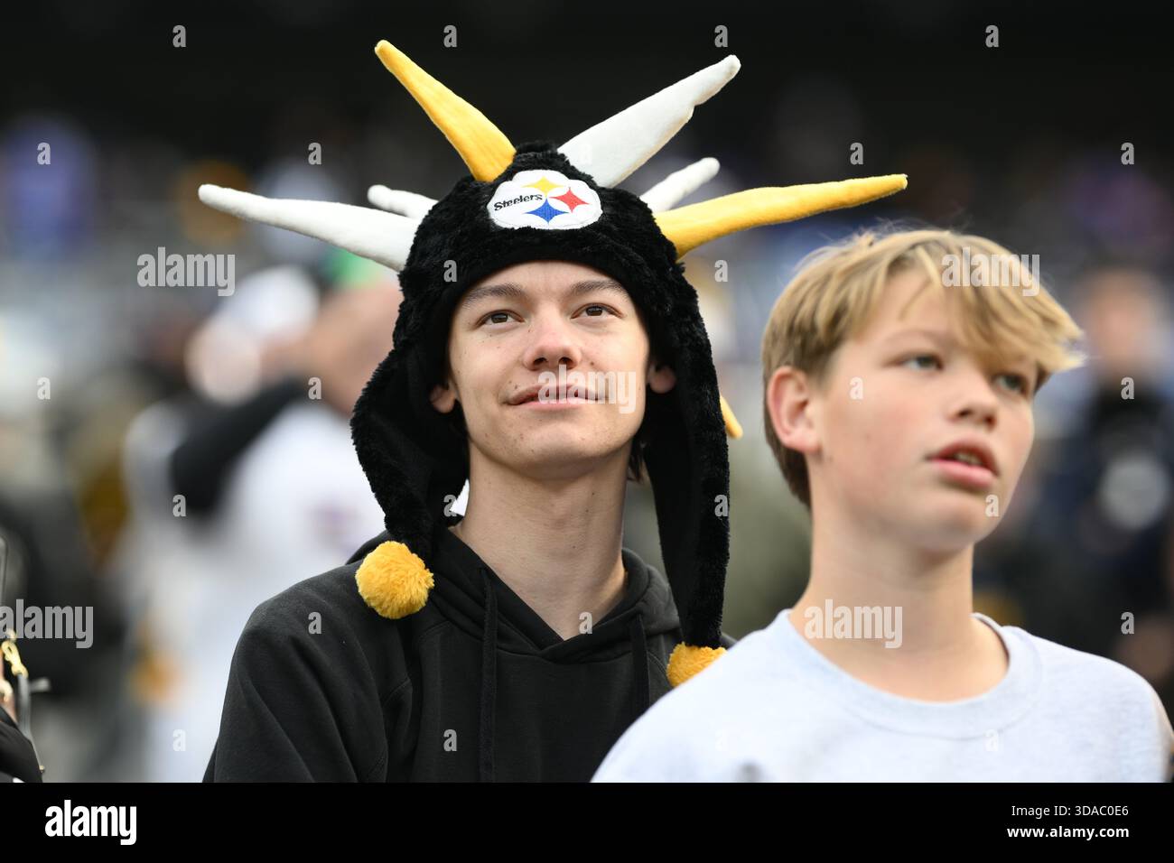 A spectator looks on before an NFL football game between the Baltimore ...