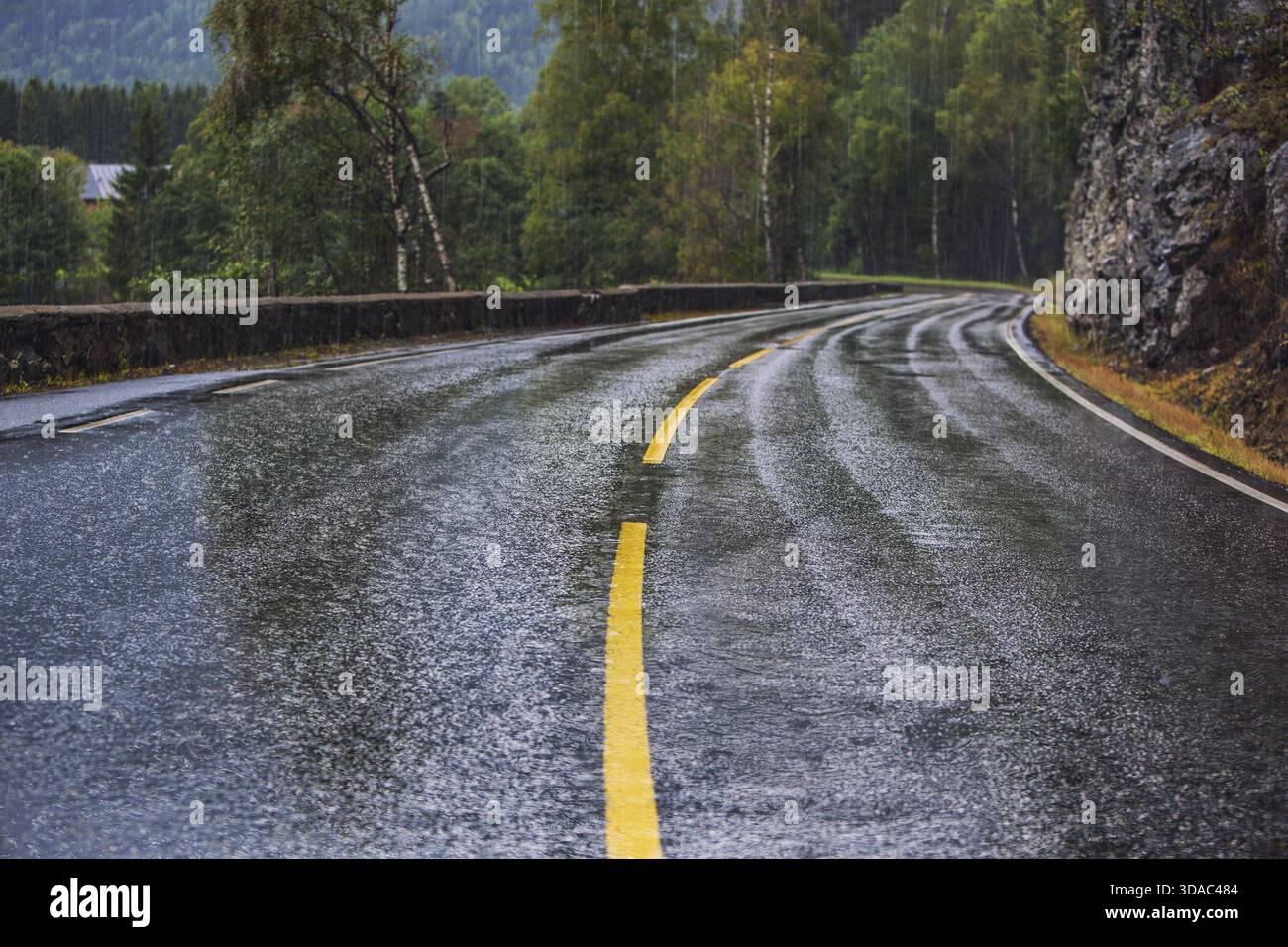 Wet road with turns at rain in Norway. Car driving safety concept Stock ...