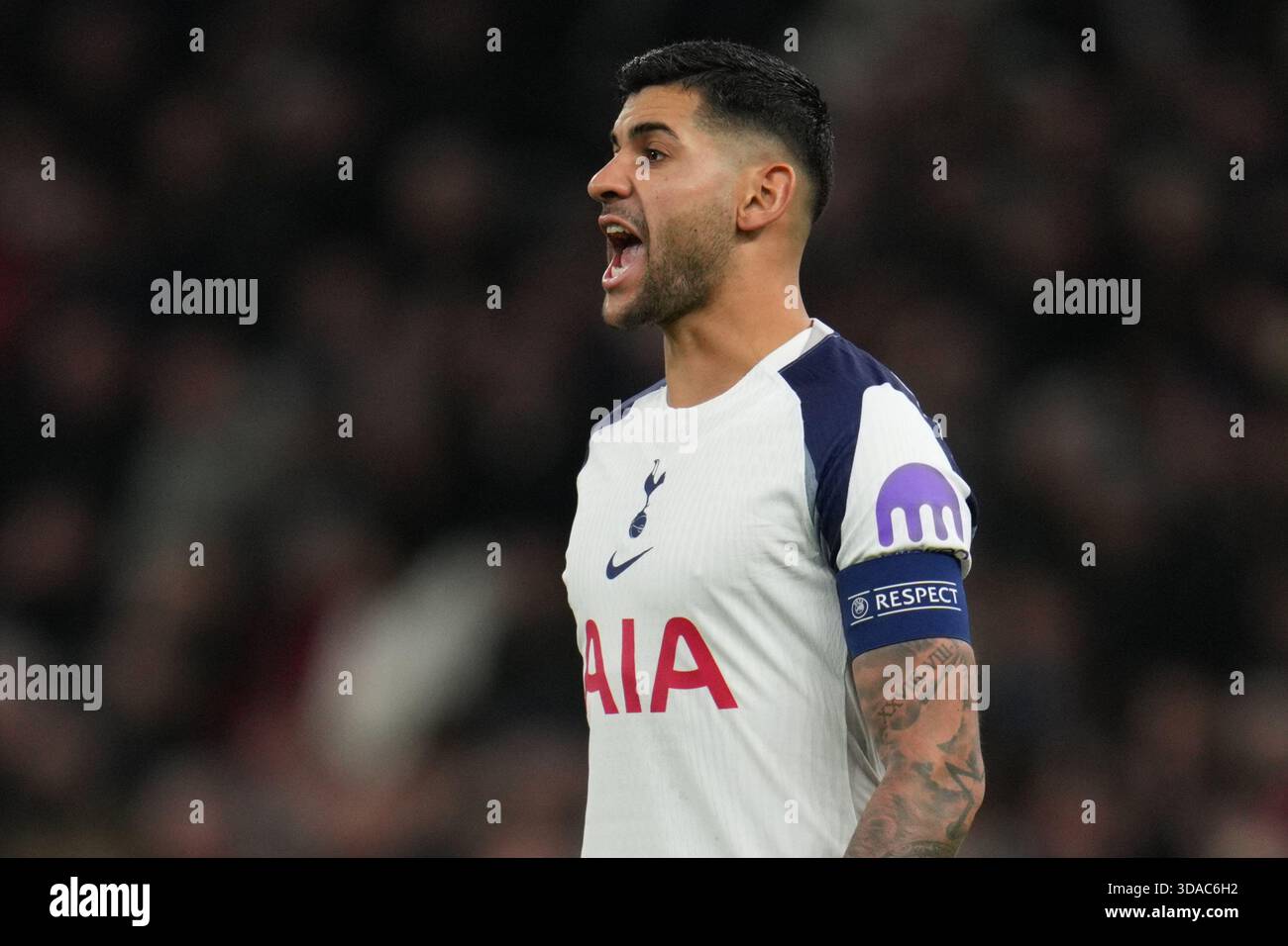 Cristian Romero of Tottenham Hotspur shouting instructions to teammates ...
