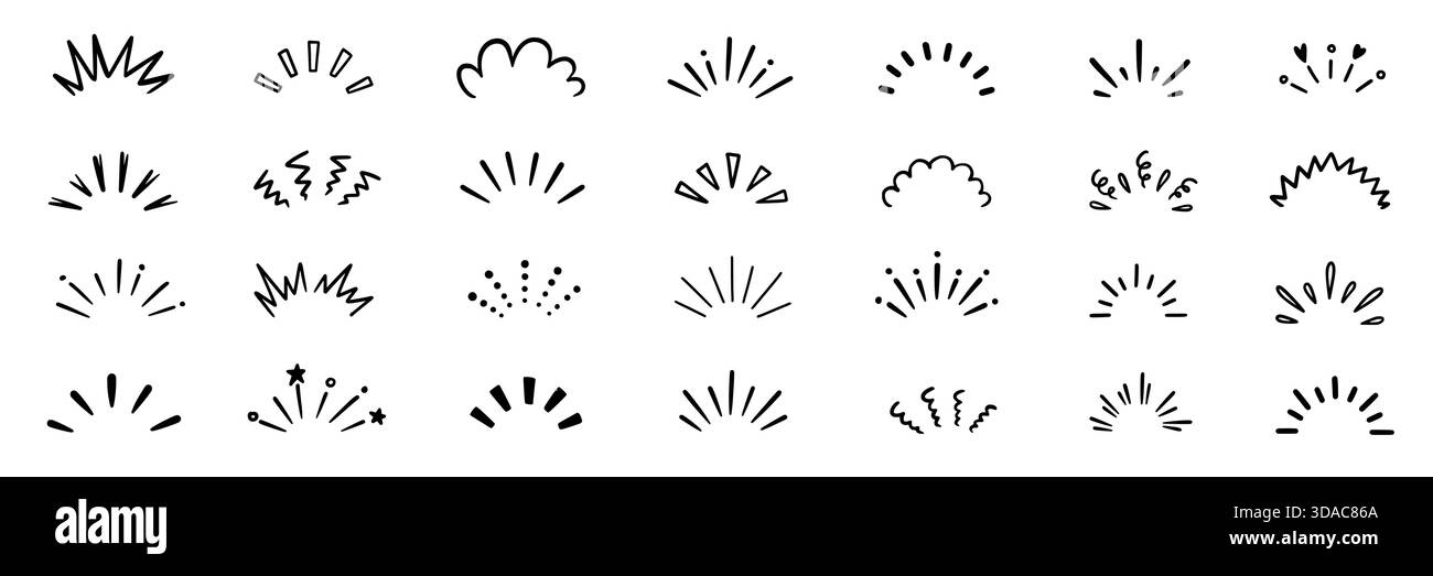 Hand drawn line art bursts with surprise rays and sparkles. Doodle hand ...