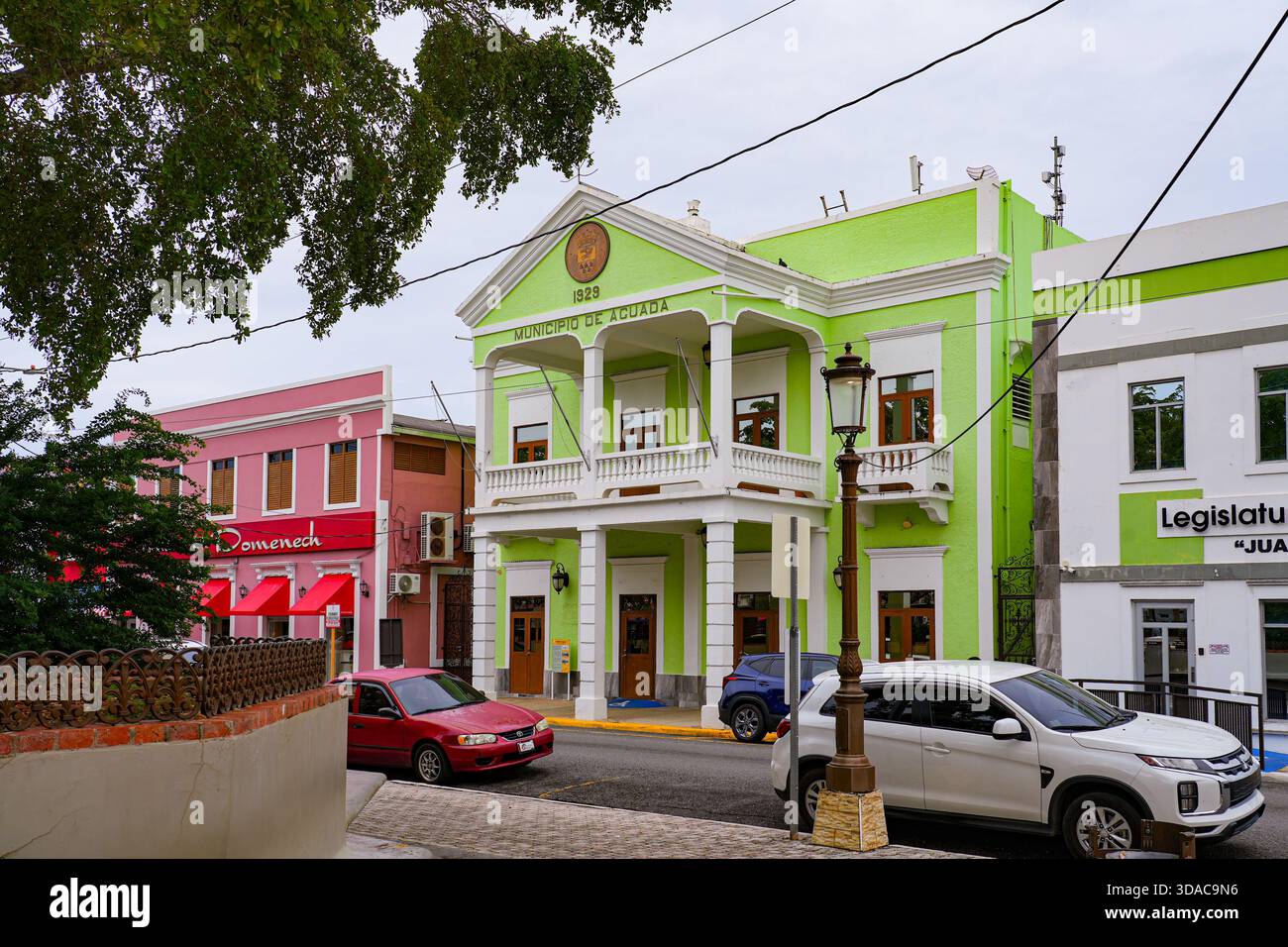 Green facade of the Aguada City Hall (municipio) on the Plaza Cristobal ...