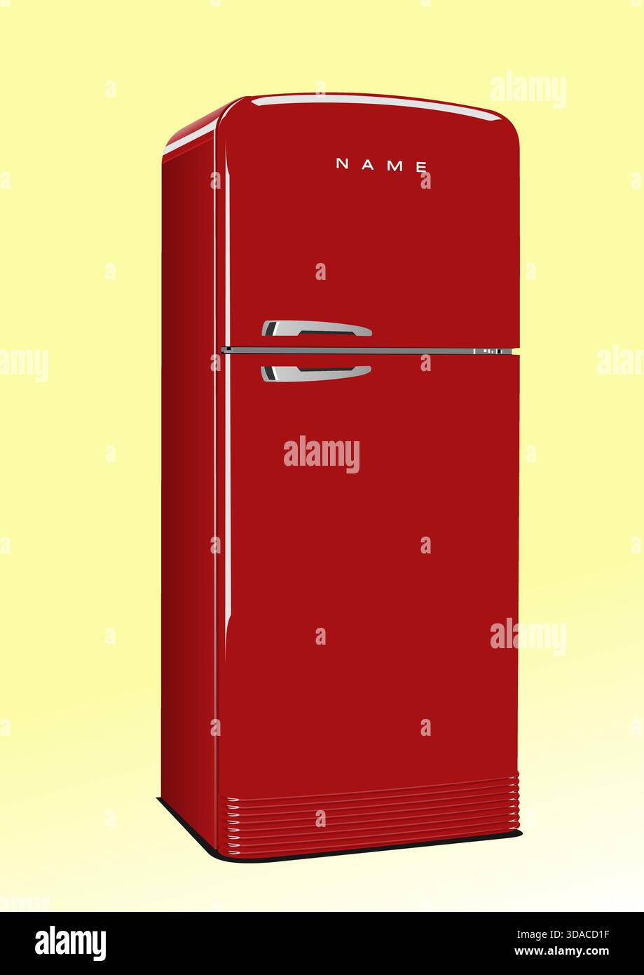 Red retro fridge standing on a yellow background, a vintage kitchen ...