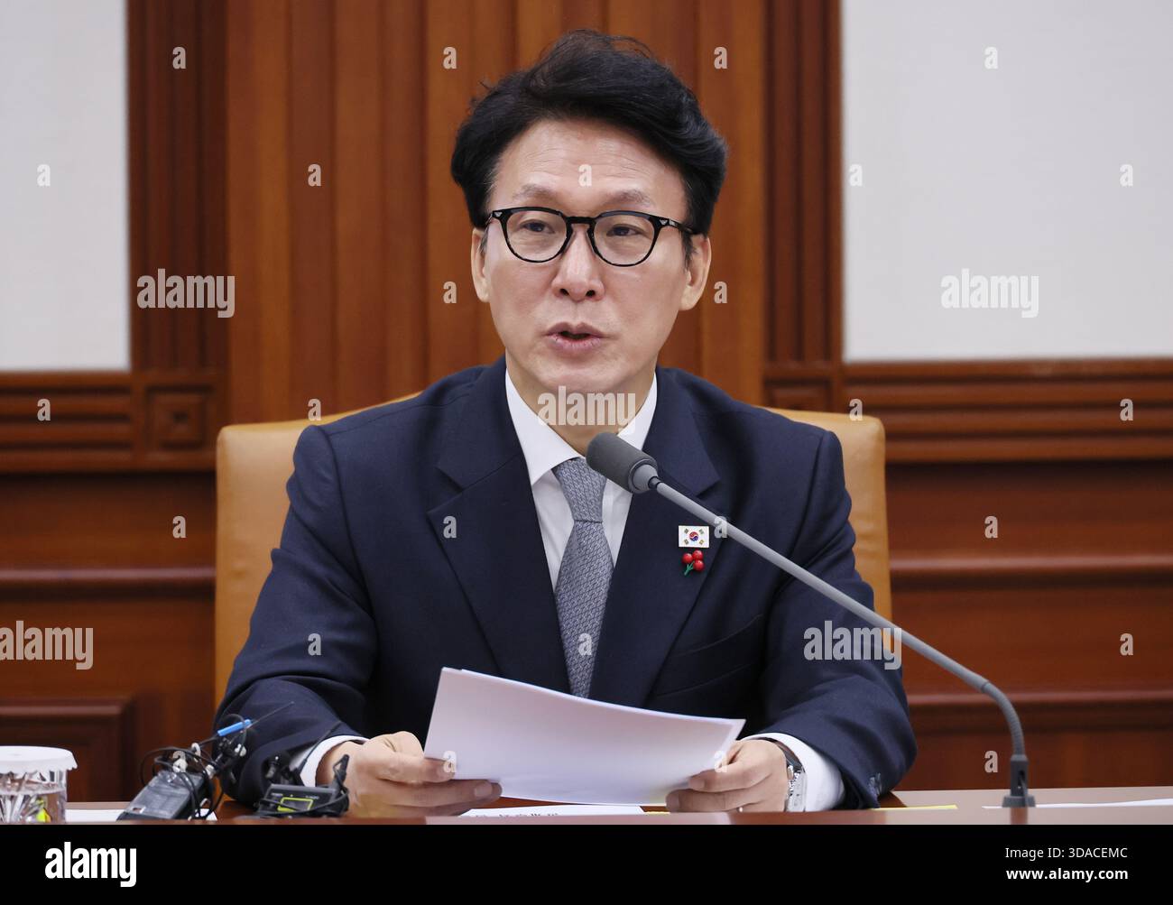 South Korean Prime Minister Kim Min-seok speaks during a policy meeting ...